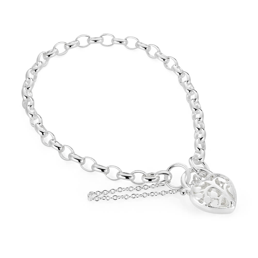 Sterling Silver Belcher Tree Of Life Heart Puff Padlock 19cm Bracelet ...