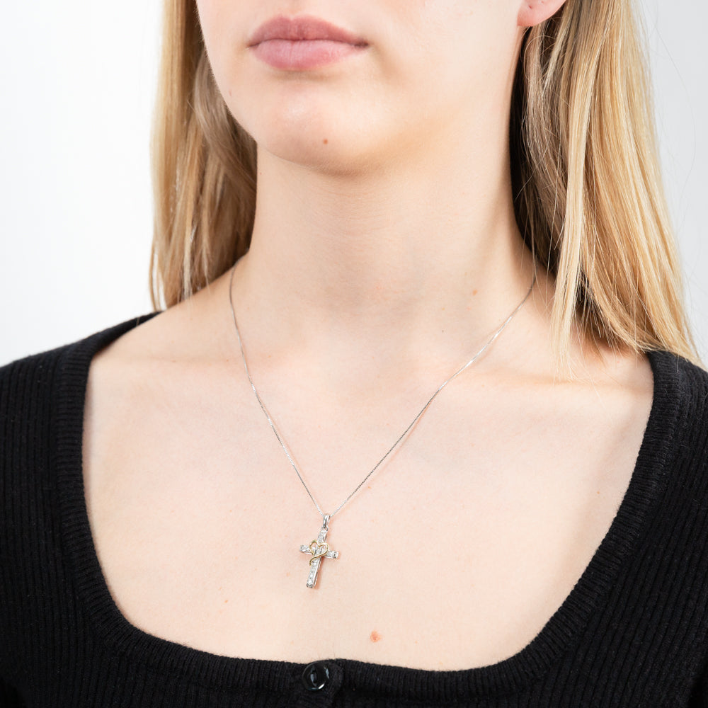 5 Point Diamond Cross Pendant in Sterling Silver with Yellow Heart Acc ...